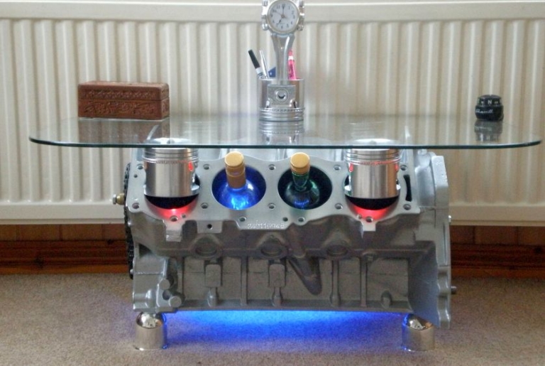 Engine Block coffee table with That Doubles as Wine Rack