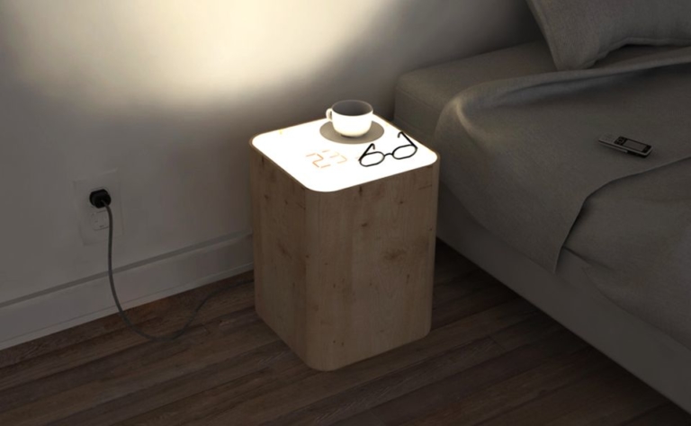 Clock side table by Soriano Blanco doubles up as lamp in bedroom - Homecrux
