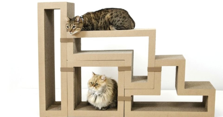 Katris modular cardboard cat furniture framed with Tetris-like entities ...