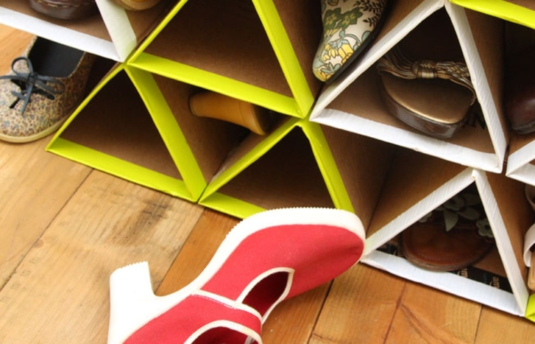 DIY space-saving cardboard shoe rack with geometric truss - Homecrux