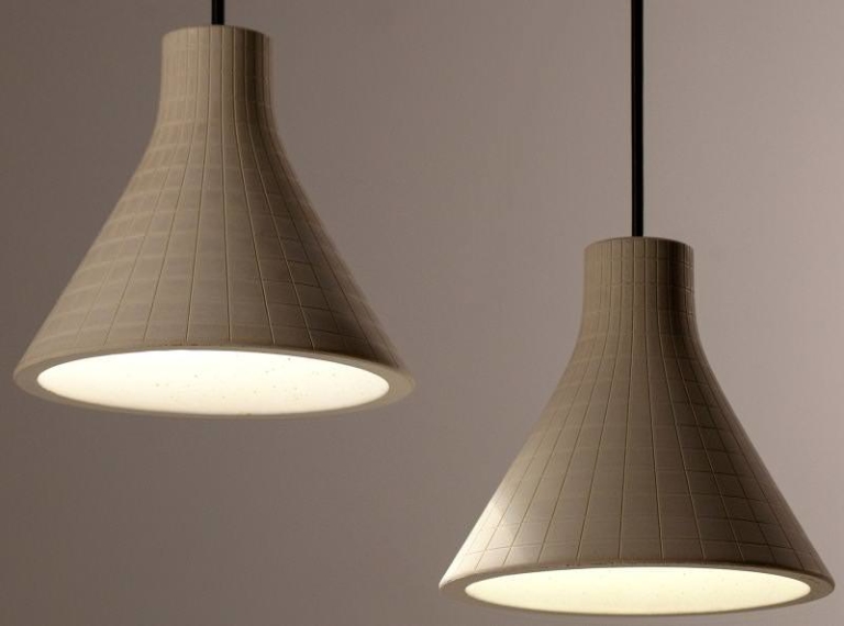 Grid Lamp is concrete pendant lamps adorned with wireframe lines