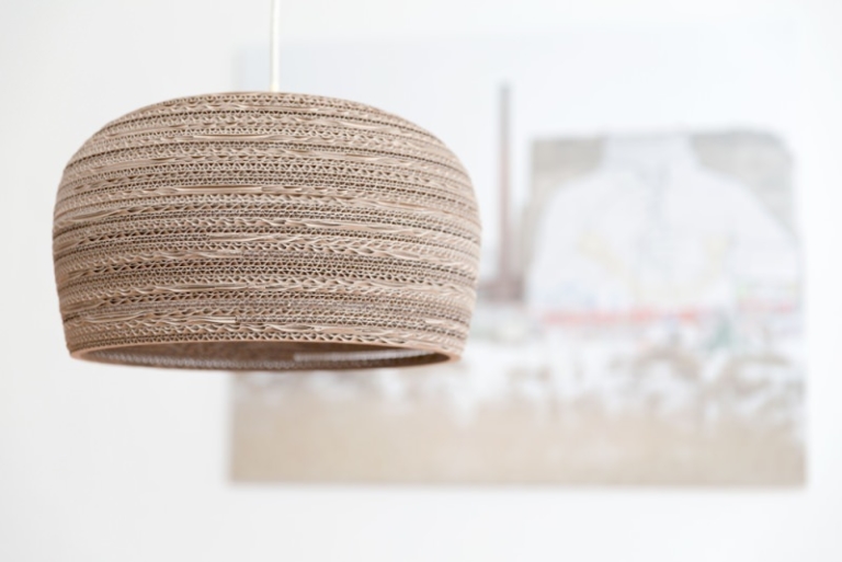 Corrugated cardboard handcrafted into functional lampshades