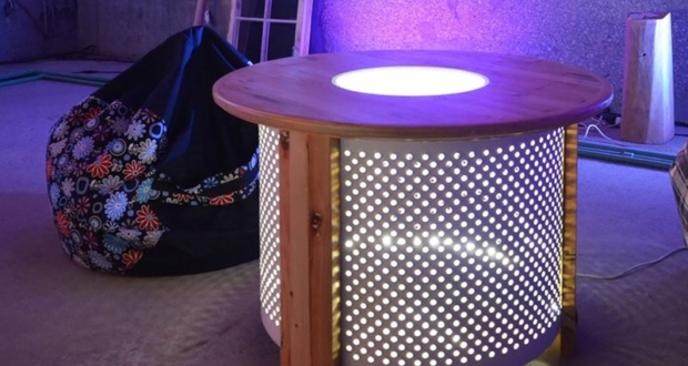 Highlight table made from upcycled industrial steel drum and spruce ...