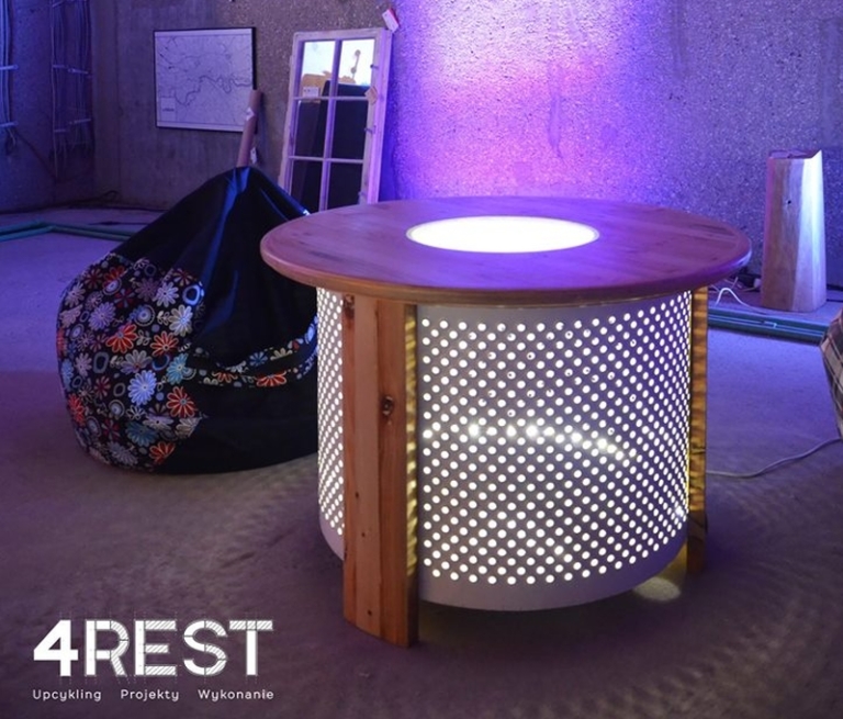 Highlight table made from upcycled industrial steel drum and spruce ...