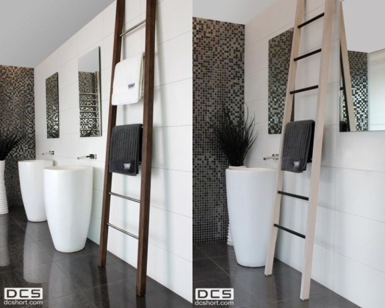 Heated wooden towel ladders for comfy after-shower experience