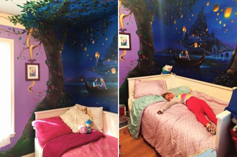 Mom Paints Tangled Wall Mural for Her Daughter’s Bedroom