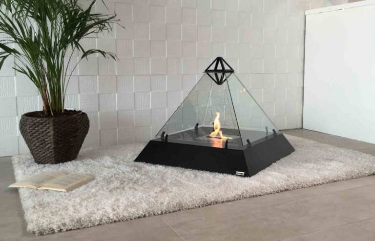 Freestanding LOUVRE fireplace reminiscent of Egyptian pyramids