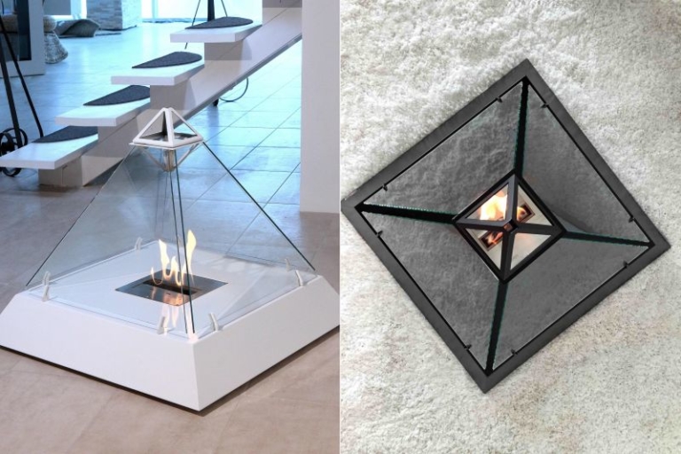 Freestanding LOUVRE fireplace reminiscent of Egyptian pyramids