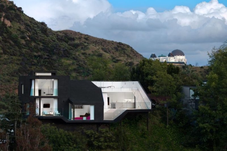 Black and white Nakahouse offers sweeping views of Hollywood Hills