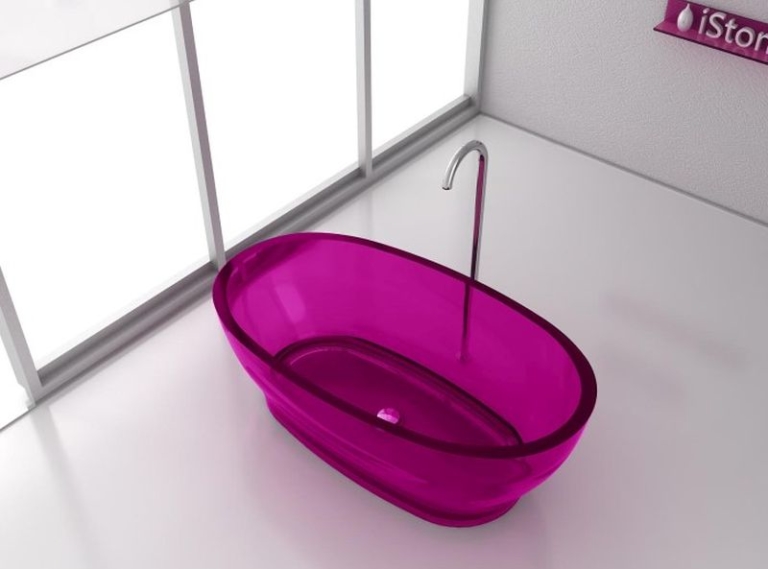 Candy-colored standalone bathtubs are vibrant yet see-through