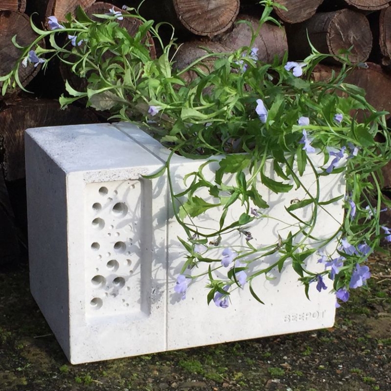 Stylish Beepot concrete planter has space for solitary bees to live in