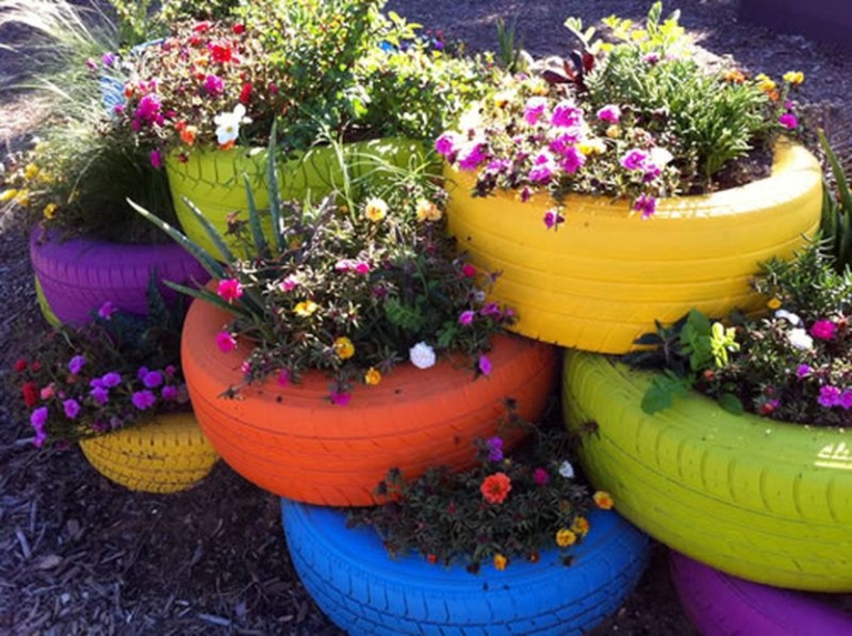 Upcycle old tires into charming and colorful garden planters
