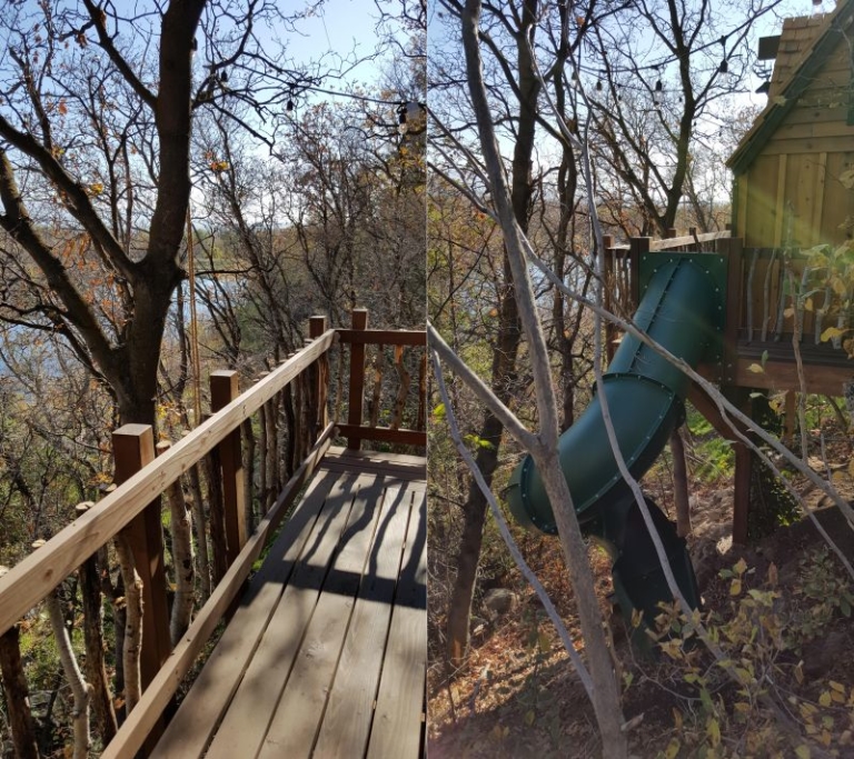This DIY built mini treehouse in Western US features a slide for kids