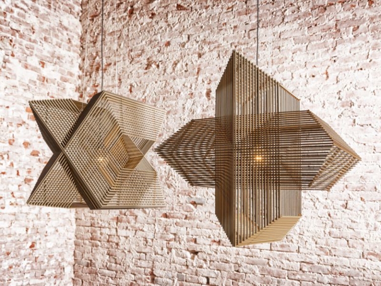 The Angles pendant lamp is perfect harmony of laser-cut wooden rectangles