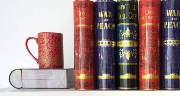 Book-shaped tea tins by NovelTeas are reminiscent of classic novels