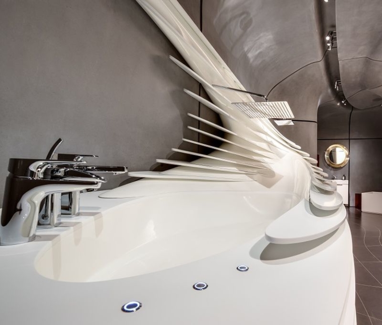 Roca London Gallery featuring Zaha Hadid’s organically-shaped ...