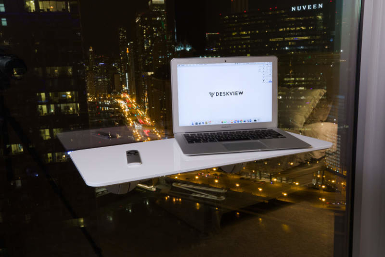 DeskView is a window-mounted adjustable standing desk
