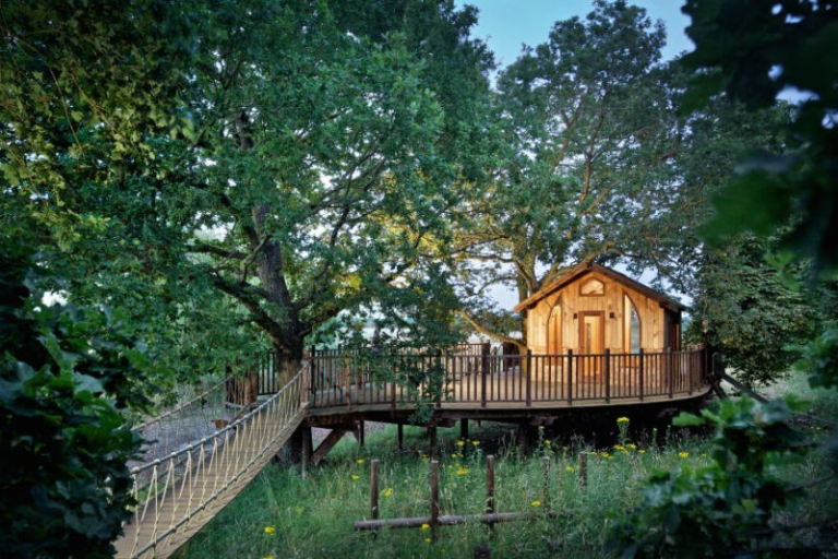 Nook treehouse features sunken fire pit in the middle of amphitheatre ...