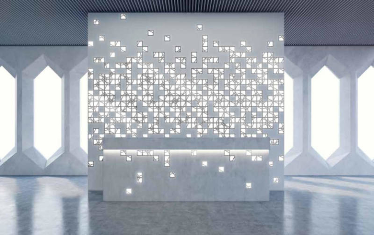 Kumiko modular OLED wall tiles function as lighted wall art
