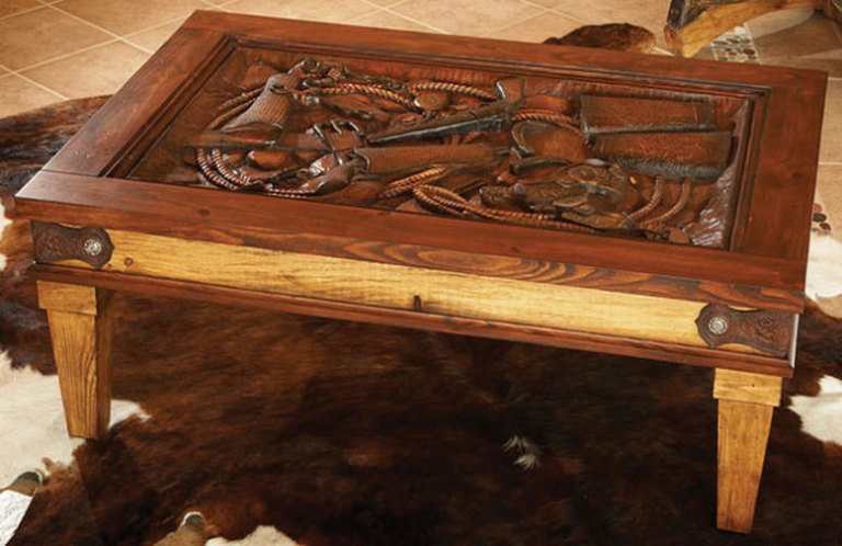 Hand carved Western coffee table with glass top