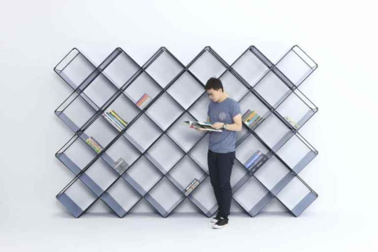 +X modular bookshelf holds your books diagonally