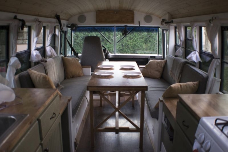 Converted School Bus Home with Rooftop Deck is Perfect for Life on the Road