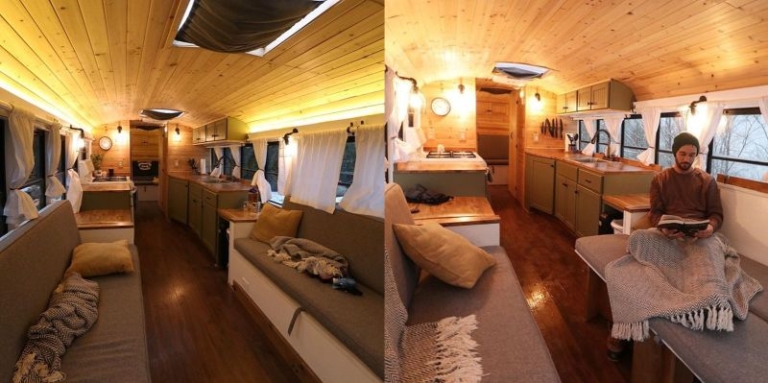 Converted School Bus Home with Rooftop Deck is Perfect for Life on the Road