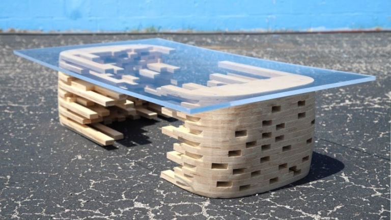 Man Builds Exploded Pixel Coffee Table From a Single Sheet of Plywood