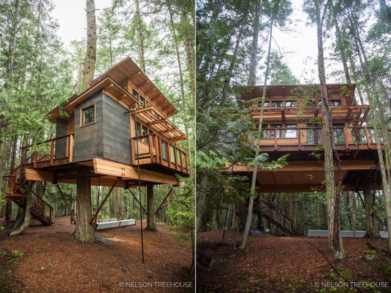 This Treehouse in San Juan Islands Features Fire Pole from Deck