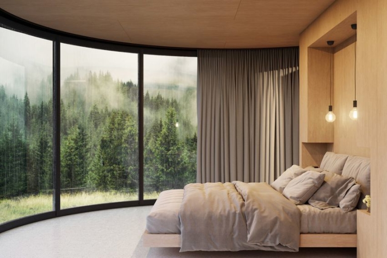 LumiPod Prefab Cabin With Curved Glass is Modern Nature Retreat
