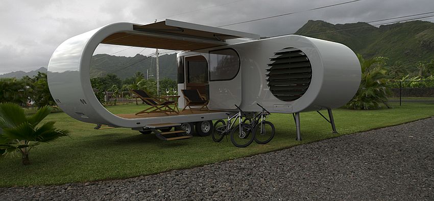 Romotow Caravan By W2 Swings Its Cabin Outwards To Create A Deck