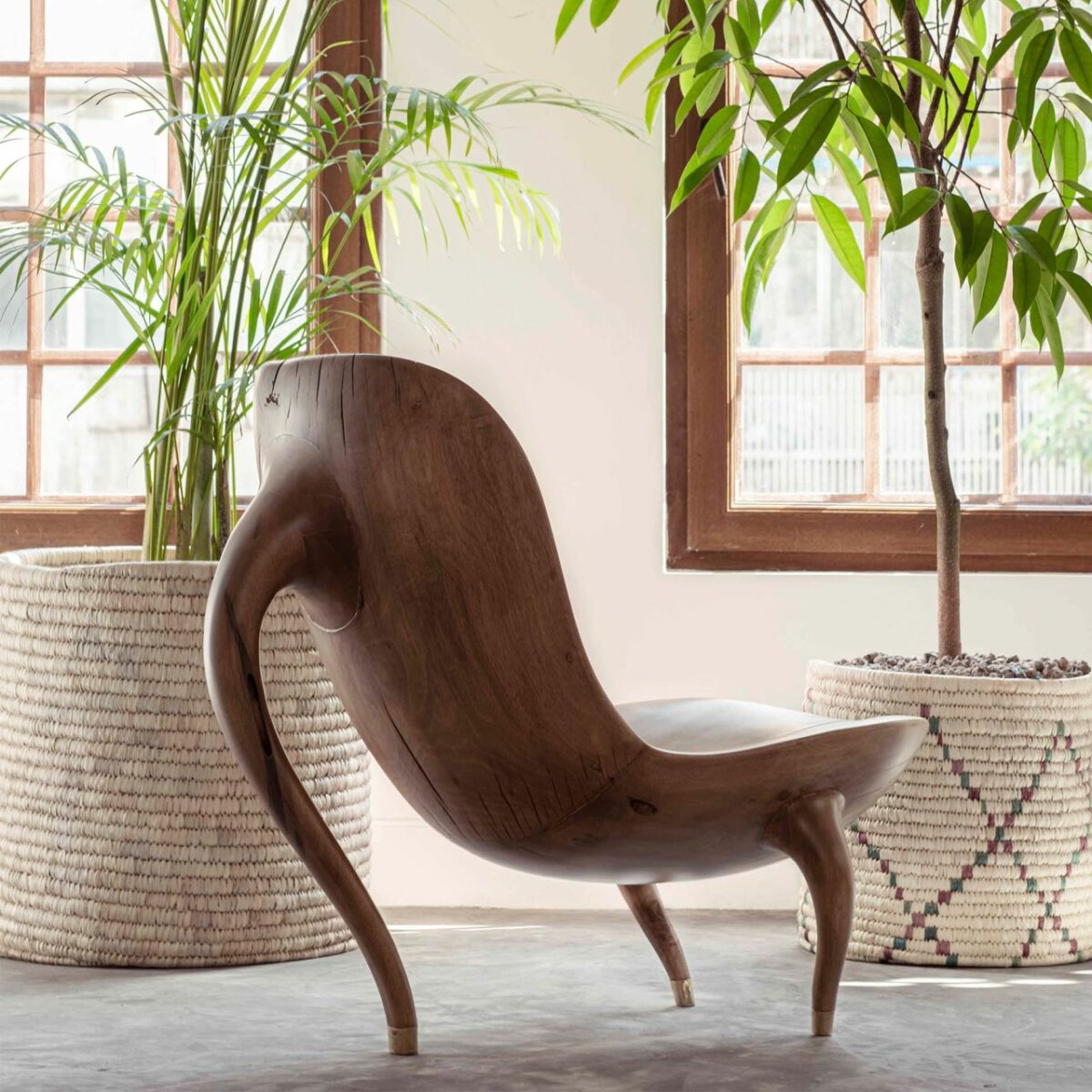 This Curvy Wooden Chair Sits on Two Legs and A Ponytail