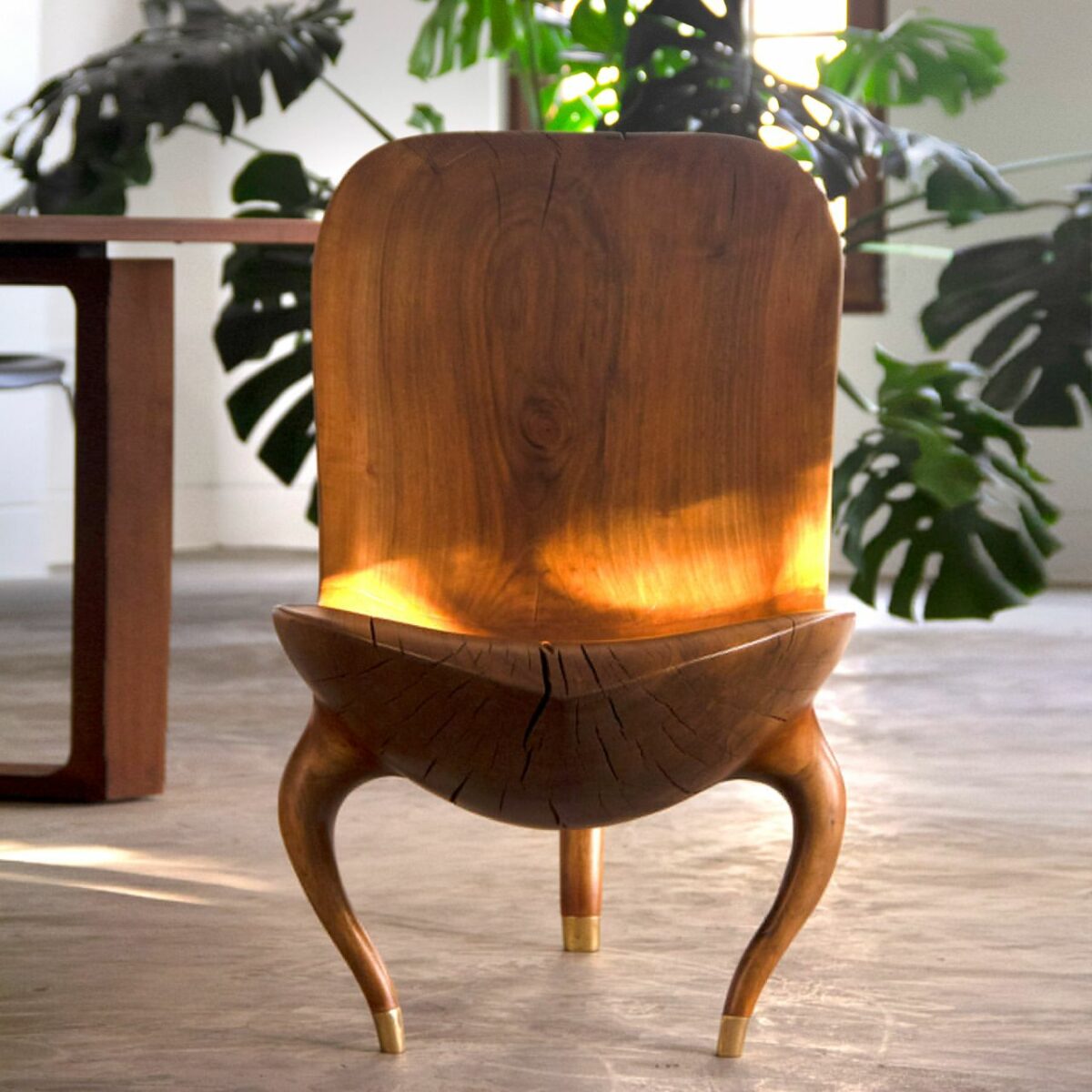 This Curvy Wooden Chair Sits on Two Legs and A Ponytail