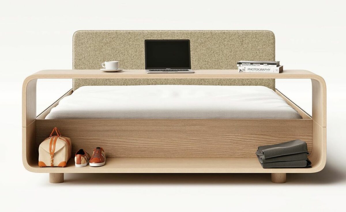 Boomerang Bed is Integrated With Sliding Table Across its Width