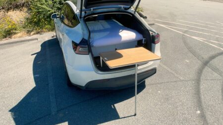 Fruble Foldable Worktop Table Makes Tesla Camping Organized