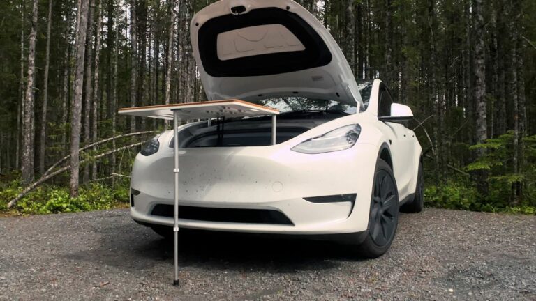 Fruble Foldable Worktop Table Makes Tesla Camping Organized