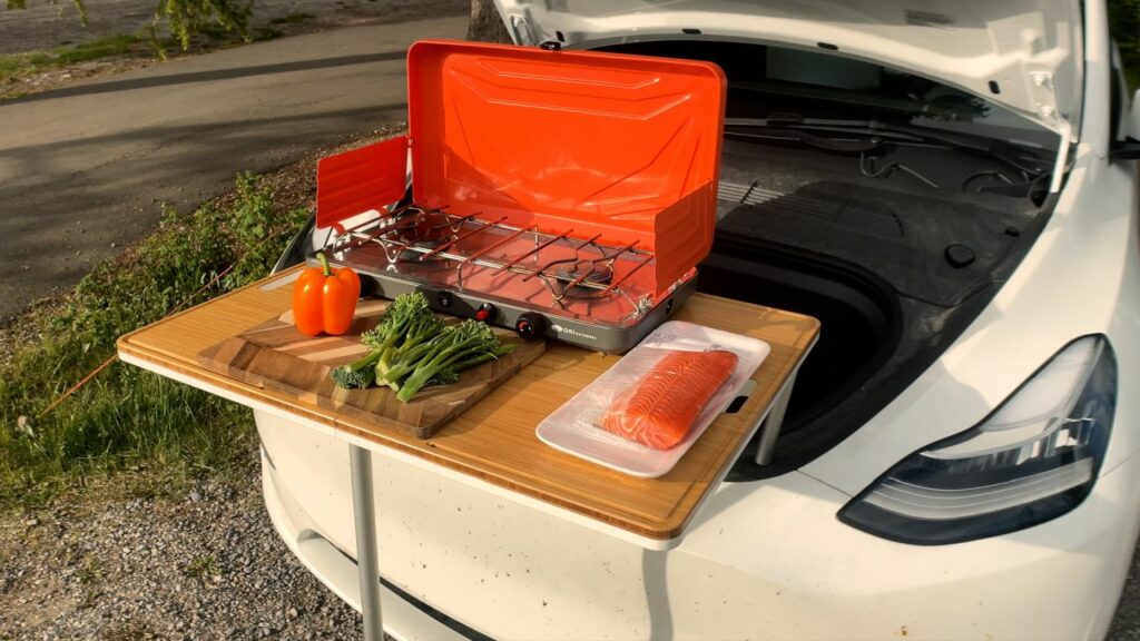 Fruble Foldable Worktop Table Makes Tesla Camping Organized