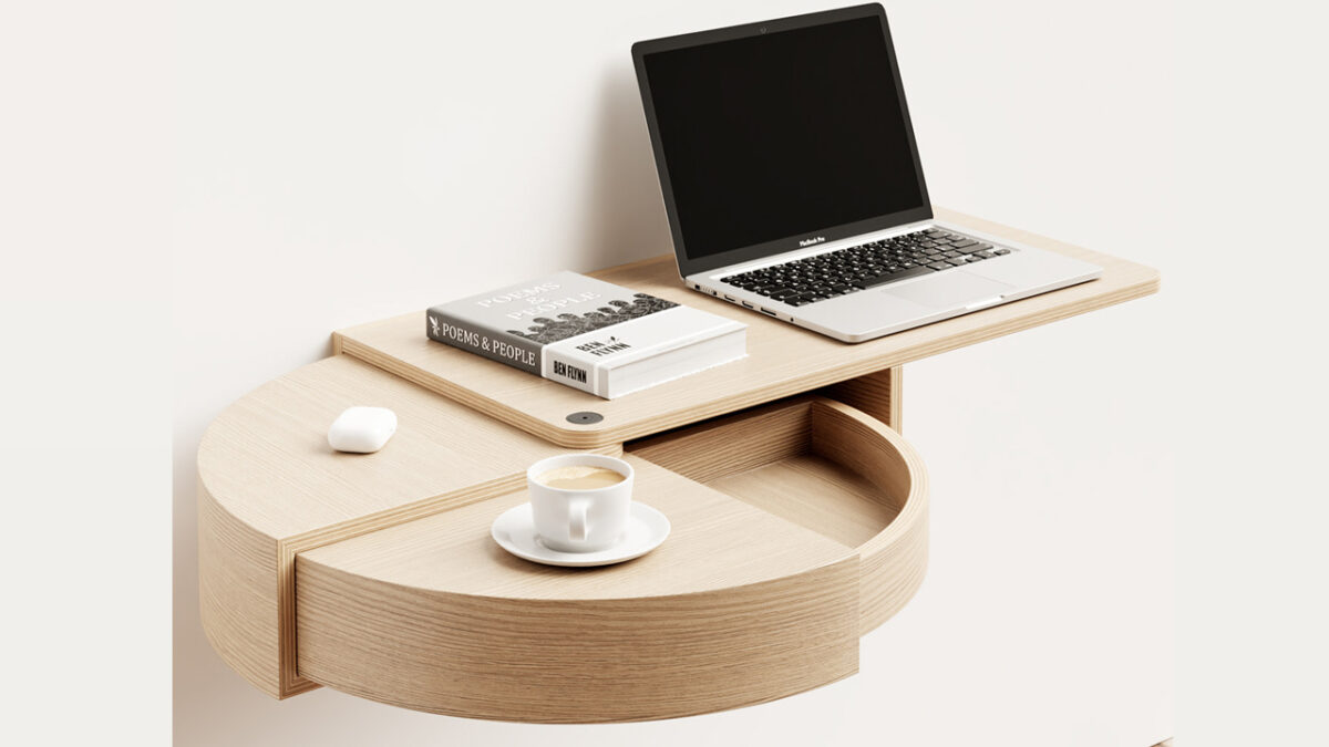 Revolver Wall Mounted Desk Features Rotating Drawers and Top