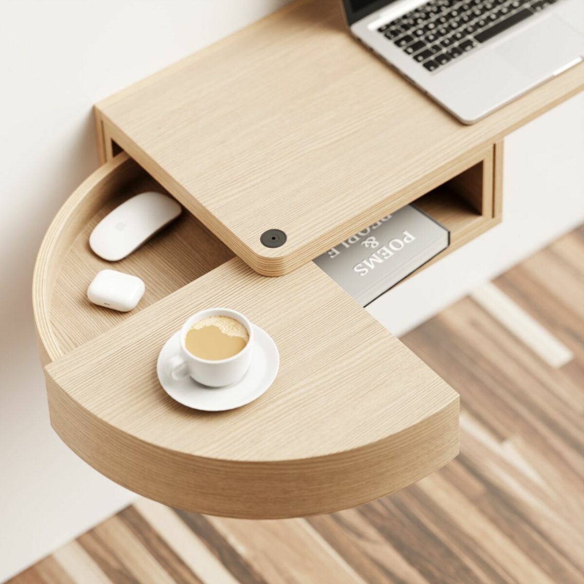 Revolver Wall Mounted Desk Features Rotating Drawers and Top