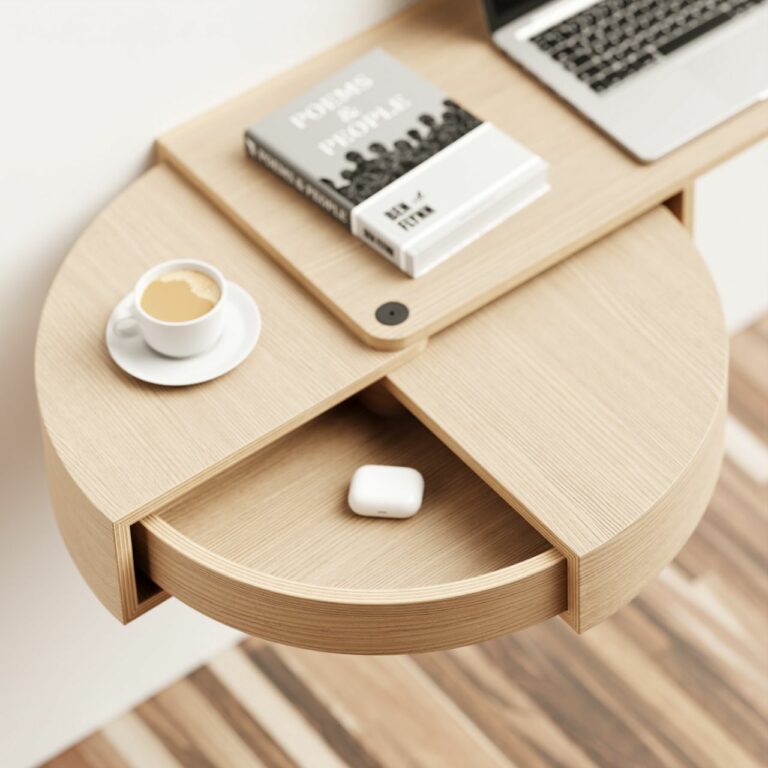 Revolver Wall Mounted Desk Features Rotating Drawers and Top