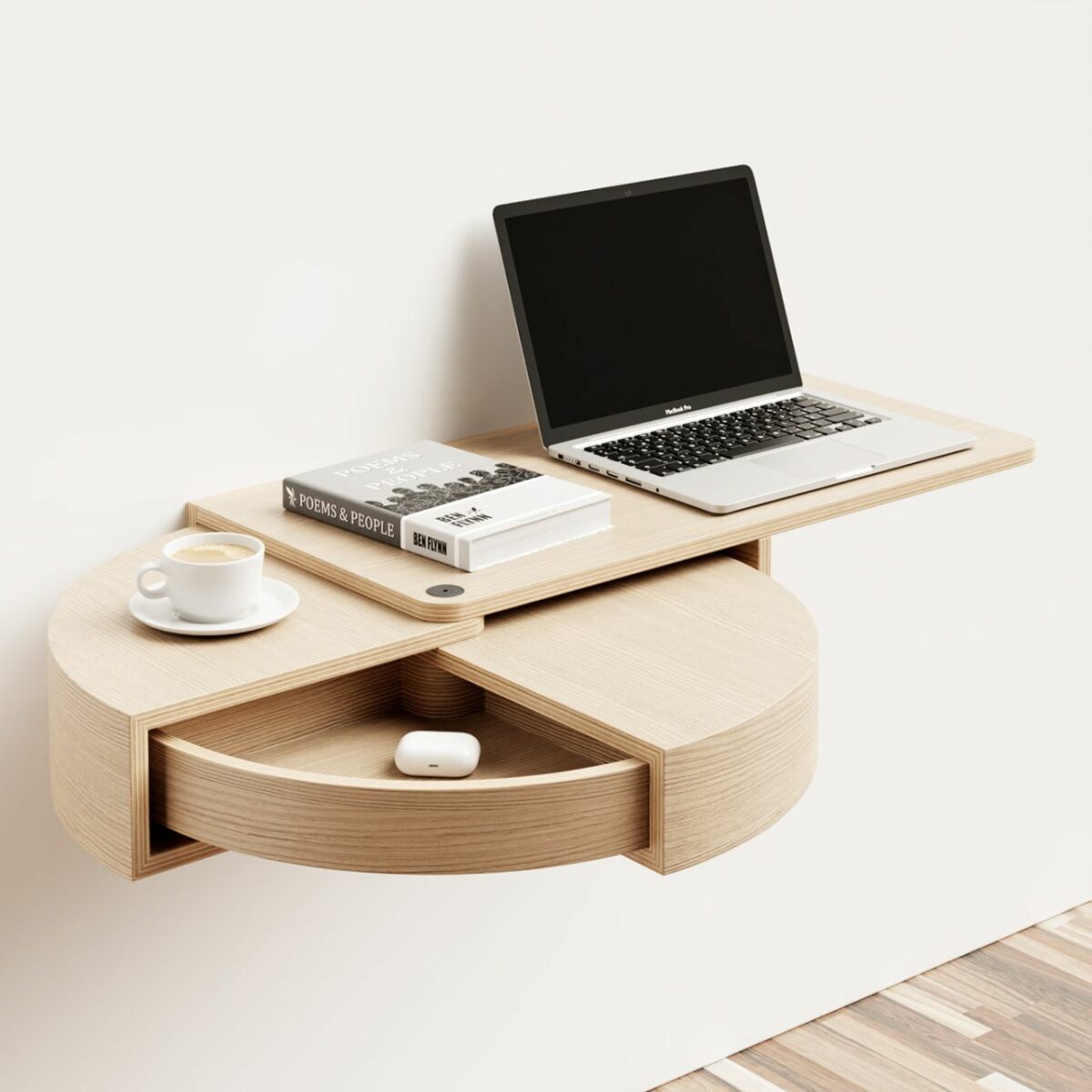 Revolver Wall Mounted Desk Features Rotating Drawers and Top