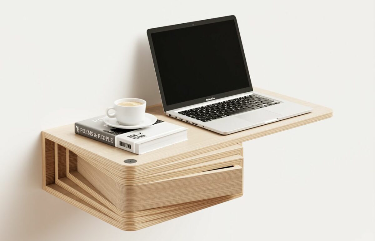 Revolver Wall Mounted Desk Features Rotating Drawers and Top