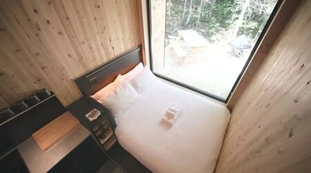 Shipping Container Cabin With Convertible Sofa and Wine Rack