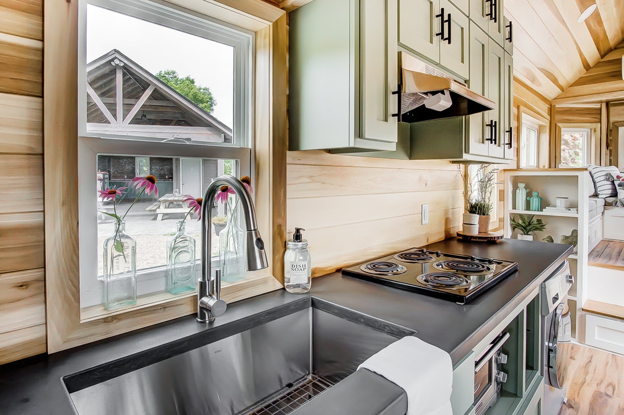 Clover Tiny House Has Elevated Living Room, Gourmet Kitchen