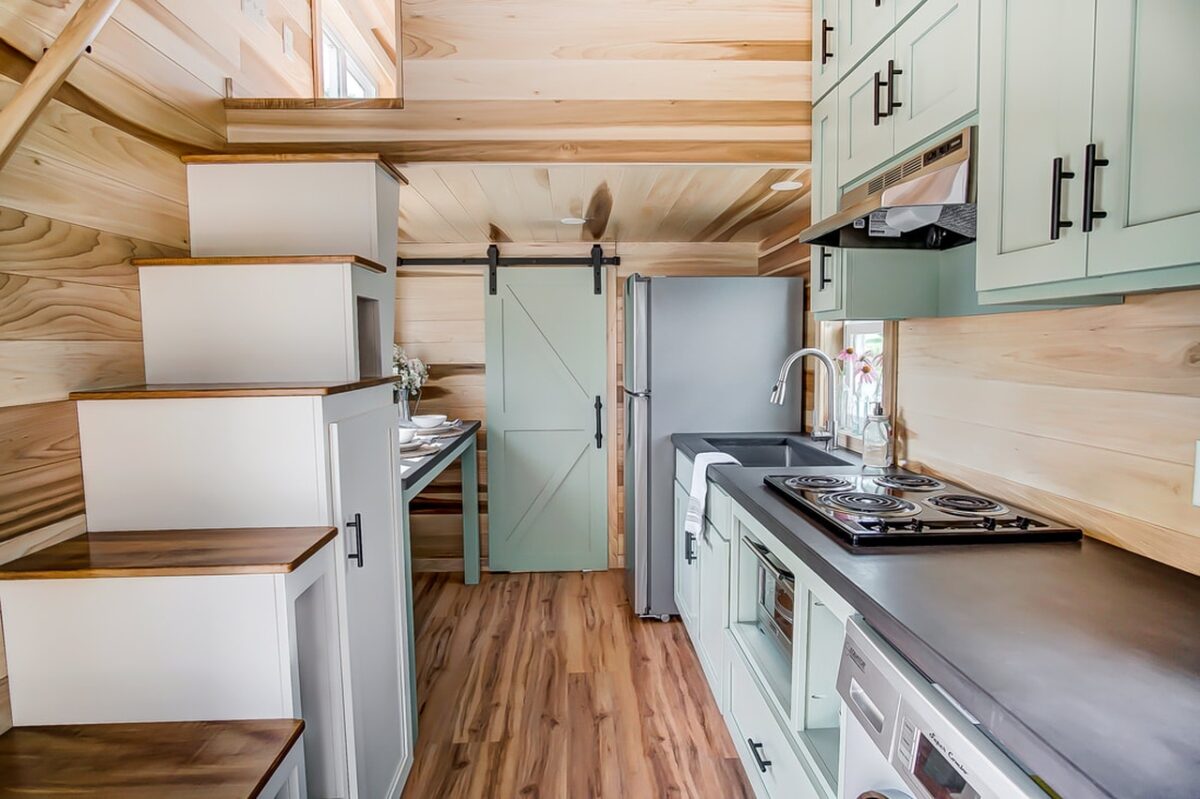 Clover Tiny House Has Elevated Living Room, Gourmet Kitchen