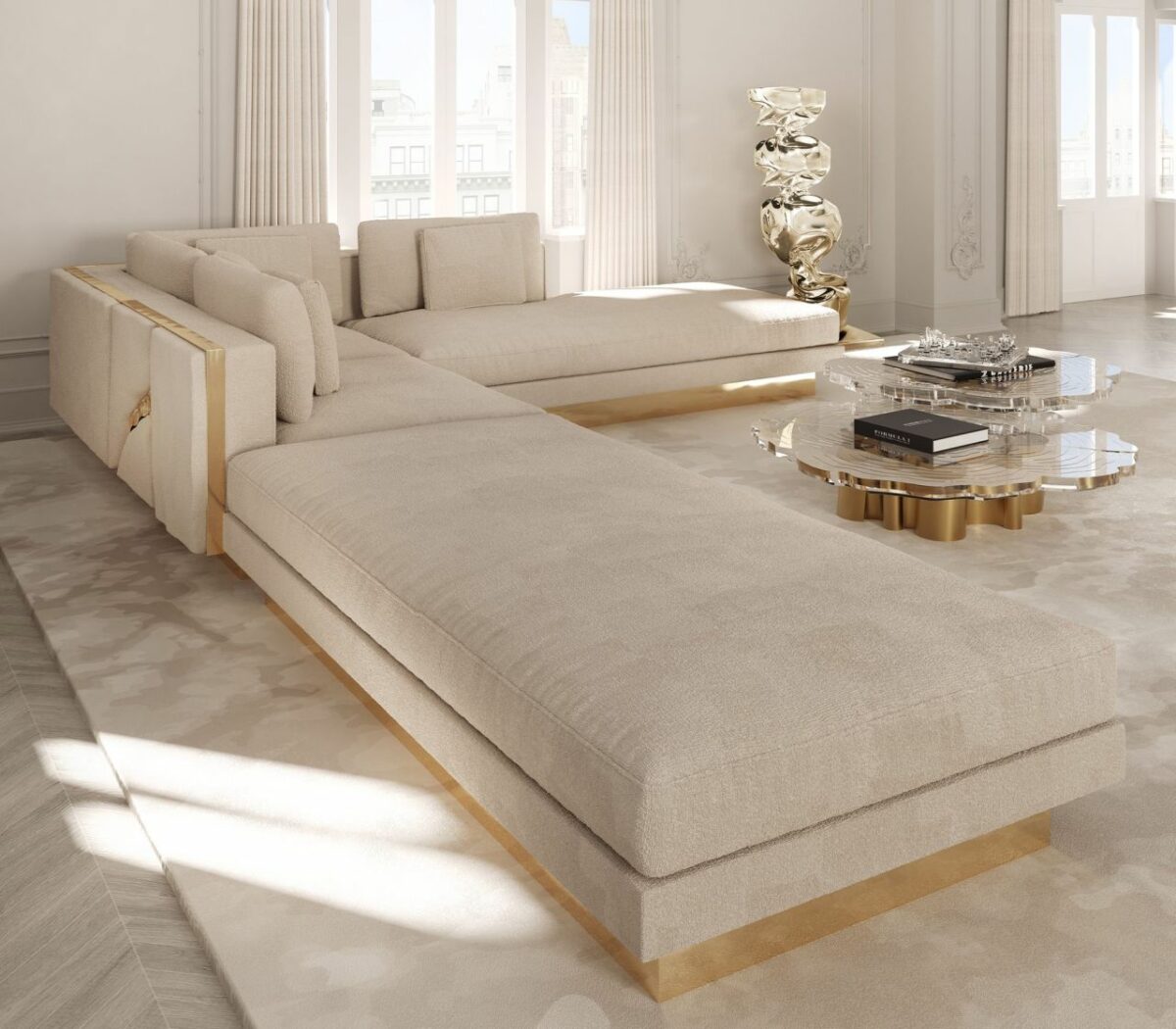 Lapiaz Modular Sofa Mimics Karst Forms With Brass and Fabric
