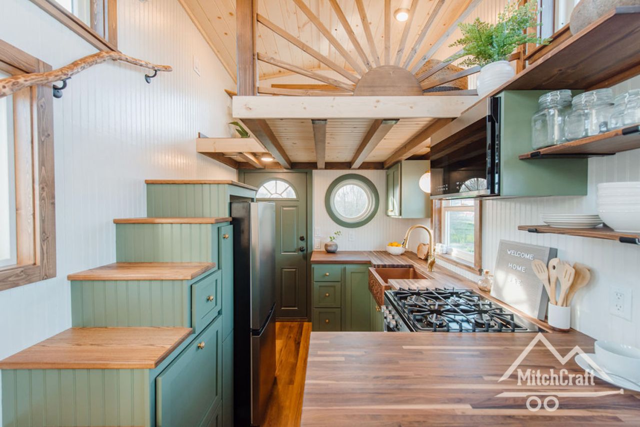 Summer's 32'x8' Tiny Home has Bed, Living Room in the Loft