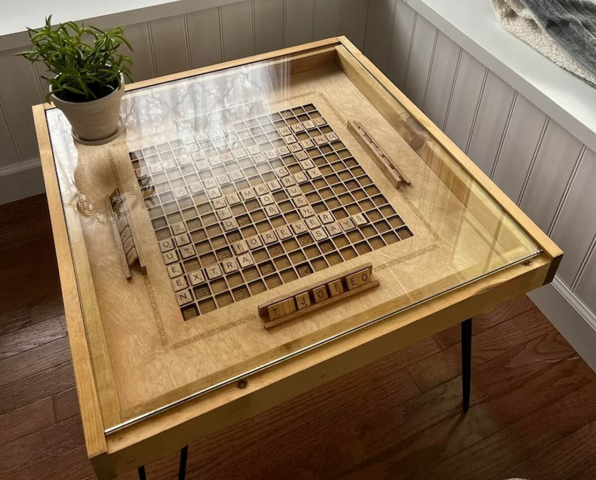 Scrabble Coffee Table Features Removable Glass Top & Legs