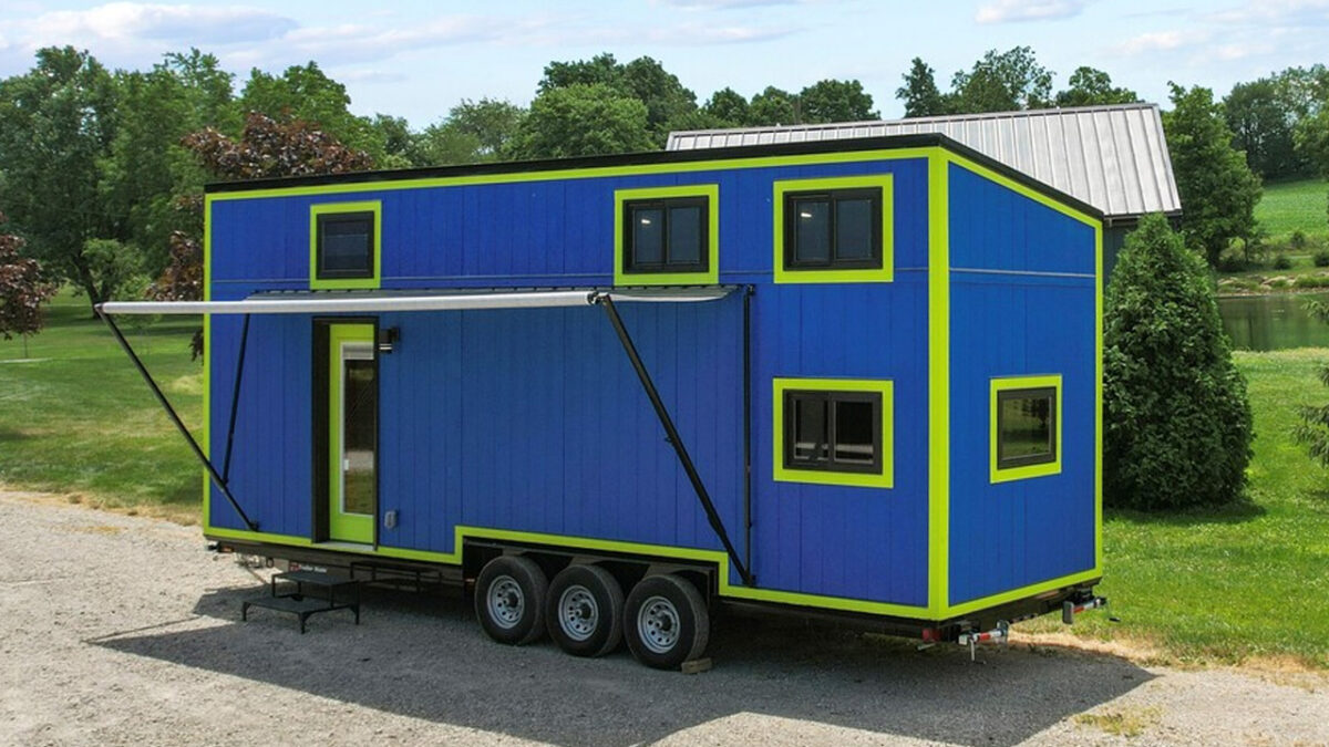 With Red Interior, MTL Rocket Tiny Home is Splashed Blue Outside