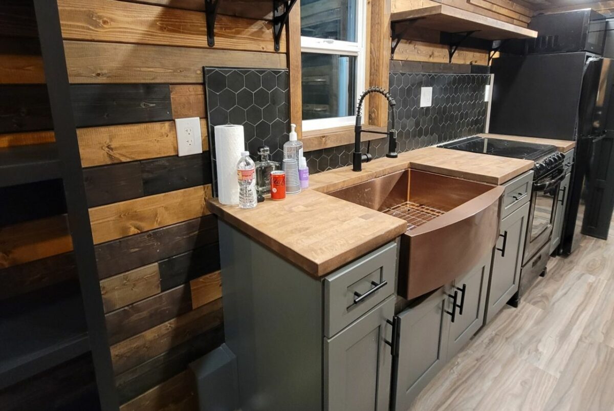 26ft Man Cave Tiny House's Luxe Interior Boasts Copper Accents